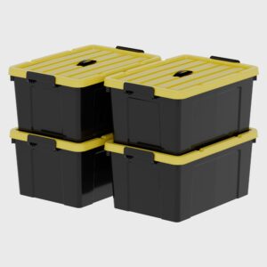 cetomo 72qt*4 durabilt flip lid stackable heavy duty tough storage container tote, plastic storage bins, storage box, black base with yellow lid (4 pack)