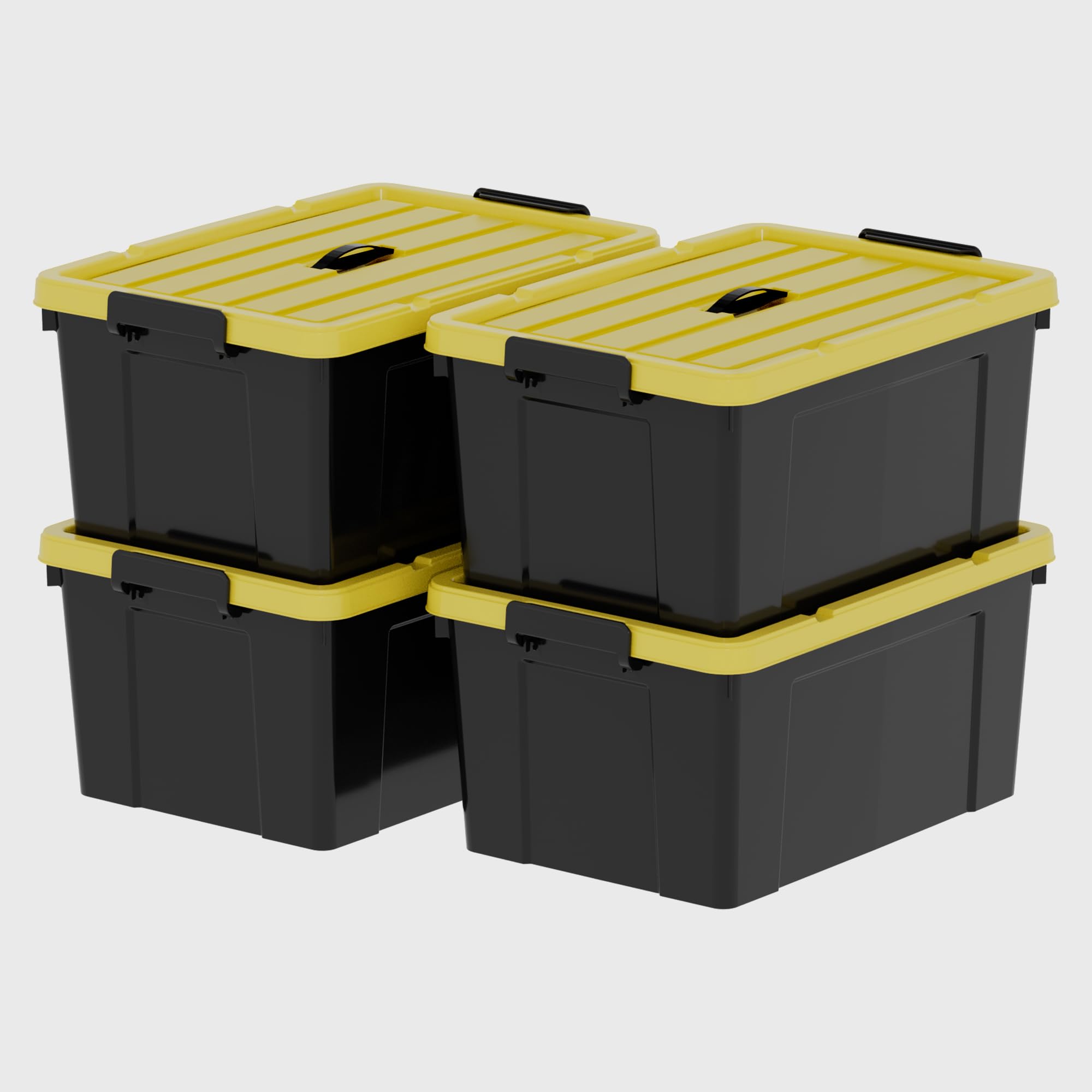 Cetomo 72Qt*4 Durabilt Flip Lid Stackable Heavy Duty Tough Storage Container Tote, Plastic Storage Bins, Storage Box, Black Base with Yellow Lid (4 Pack)