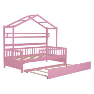 Harper & Bright Designs Wooden Twin Size House Bed with Trundle,Kids Bed with Shelf, White (Twin, Pink+Trundle1)