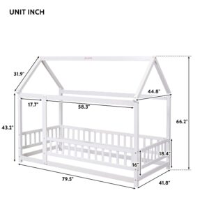 LLS Twin Floor Bed Frame with Fence, Wooden Montessori Bed, House Bed for Boys Girls Bedroom, White