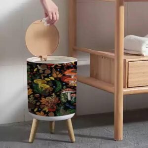 Small Trash Can with Lid for Bathroom Kitchen Office Diaper Seamless mushrooms plants insects berries Fly chanterelles white Bedroom Garbage Trash Bin Dog Proof Waste Basket Cute Decorative