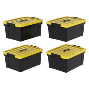 Cetomo 40Qt*4 Durabilt Flip Lid Stackable Heavy Duty Tough Storage Container Tote, Plastic Storage Bins, Storage Box, Black Base with Yellow Lid (4 Pack)