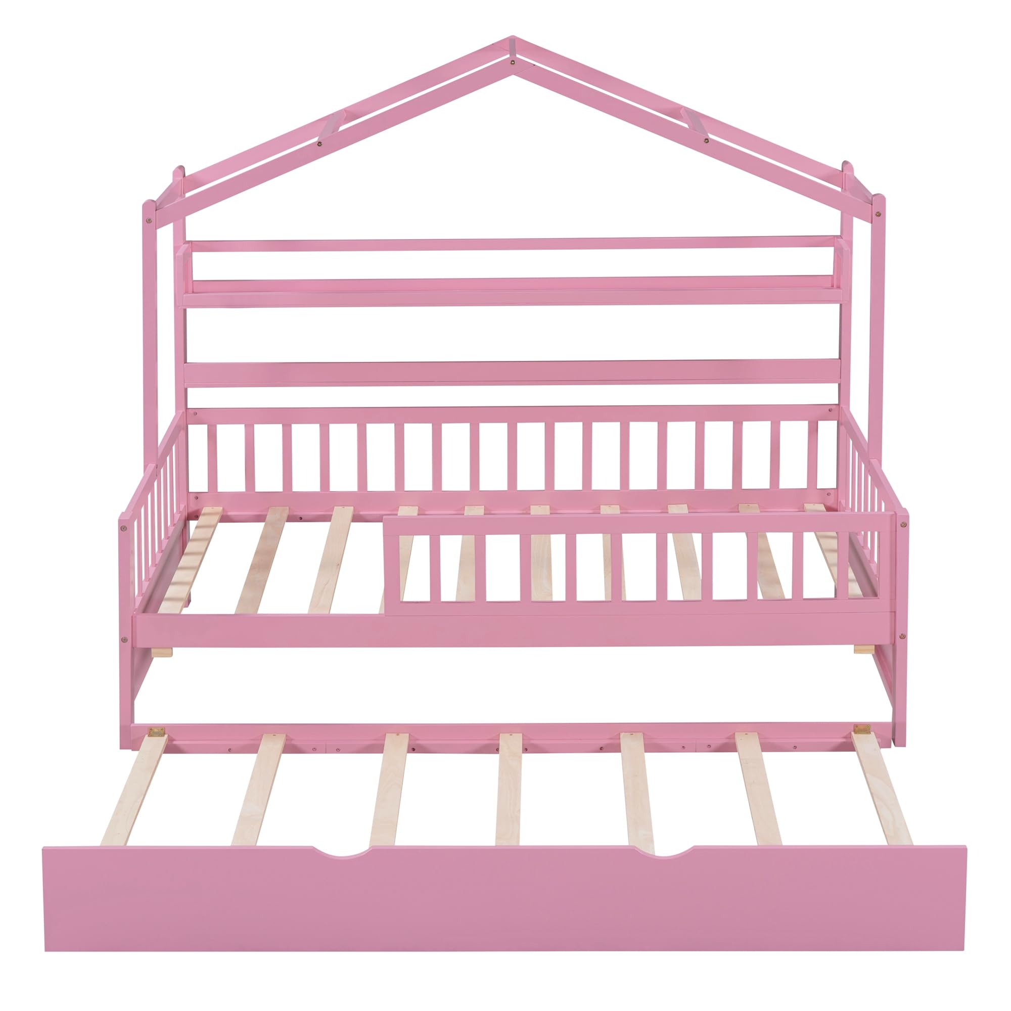 Harper & Bright Designs Wooden Twin Size House Bed with Trundle,Kids Bed with Shelf, White (Twin, Pink+Trundle1)