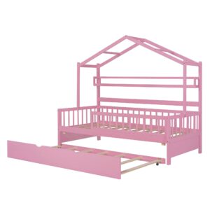 Harper & Bright Designs Wooden Twin Size House Bed with Trundle,Kids Bed with Shelf, White (Twin, Pink+Trundle1)