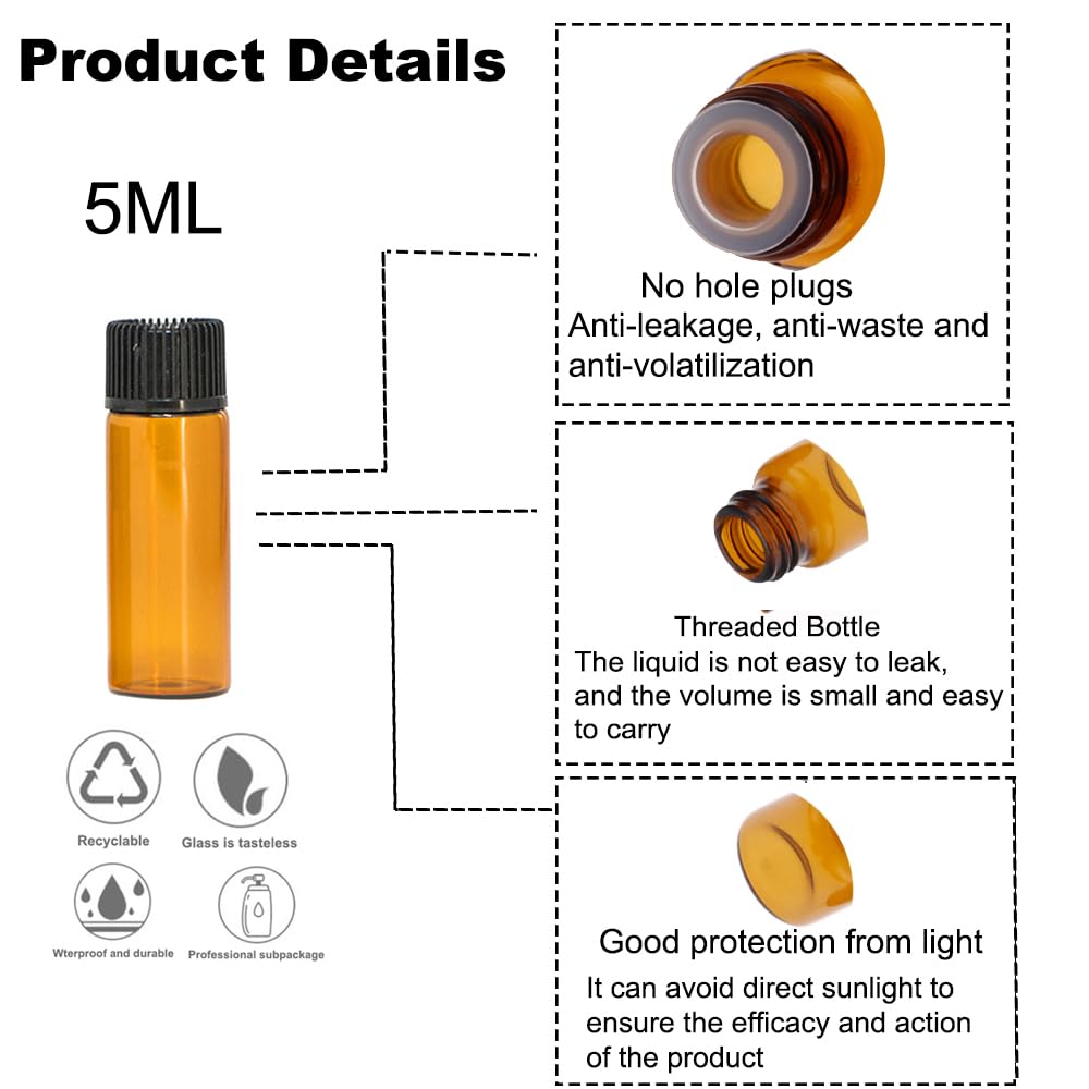 SKYPRO 5ml Mini Amber Glass Bottles with No-Hole Plugs and Cap for Essential Oils, Chemistry Lab Chemicals, Colognes & Perfumes(10Packs)