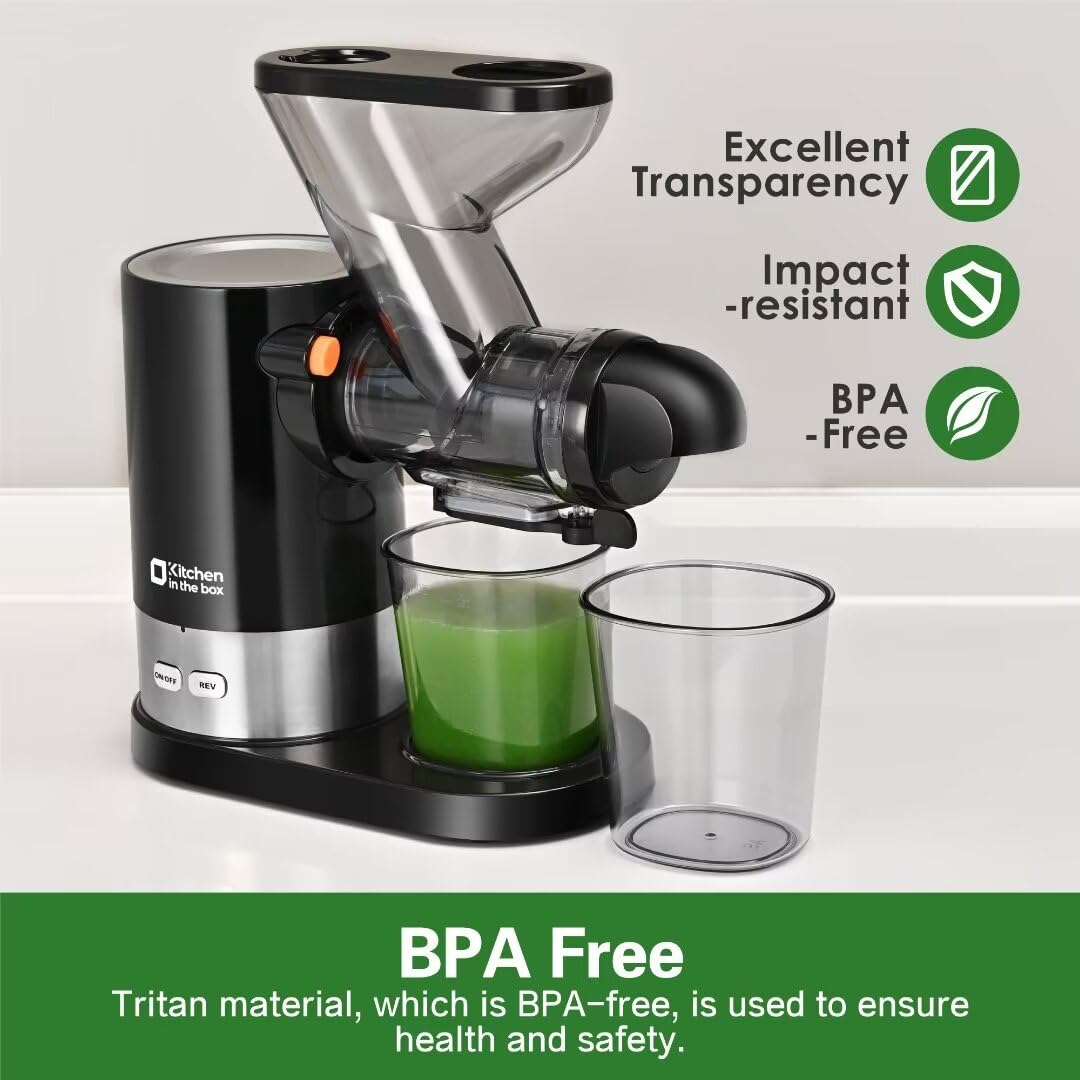 Kitchen in the box Juicer Machines, Small Cold Press Juicer for Single Serve, Slow Masticating Juicer Machine Vegetable and Fruit for Everyday Use, Quiet DC Motor, BPA-Free (Black)