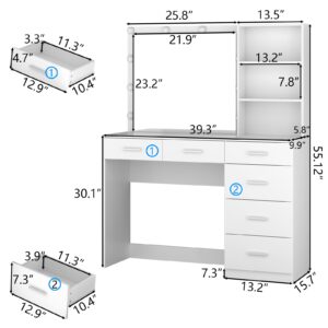 Gyfimoie 39 Inches White Vanity Desk with Lights, 6-Drawers Makeup Vanity Table with Power Strip and Storage Shelves, Dressing Table with Lighted Mirror for Women Girls