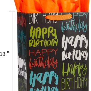 SUNCOLOR 13" Black Large Birthday Gift Bag with Orange Tissue Paper(Colorful Happy Birthday)