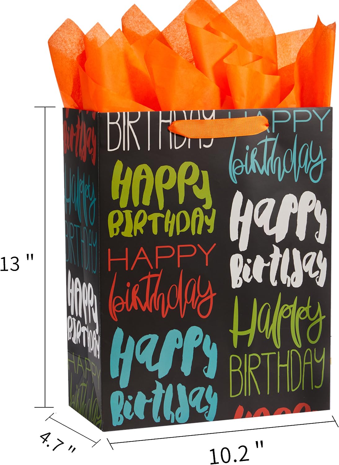 SUNCOLOR 13" Black Large Birthday Gift Bag with Orange Tissue Paper(Colorful Happy Birthday)