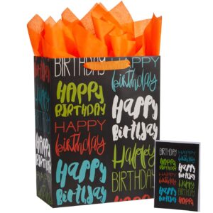 suncolor 13" black large birthday gift bag with orange tissue paper(colorful happy birthday)