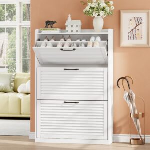 maupvit shoe storage cabinet with 3 flip louvered doors, freestanding organizer with metal hinges, shoe cabinet for entryway, narrow shoe rack cabinet, white