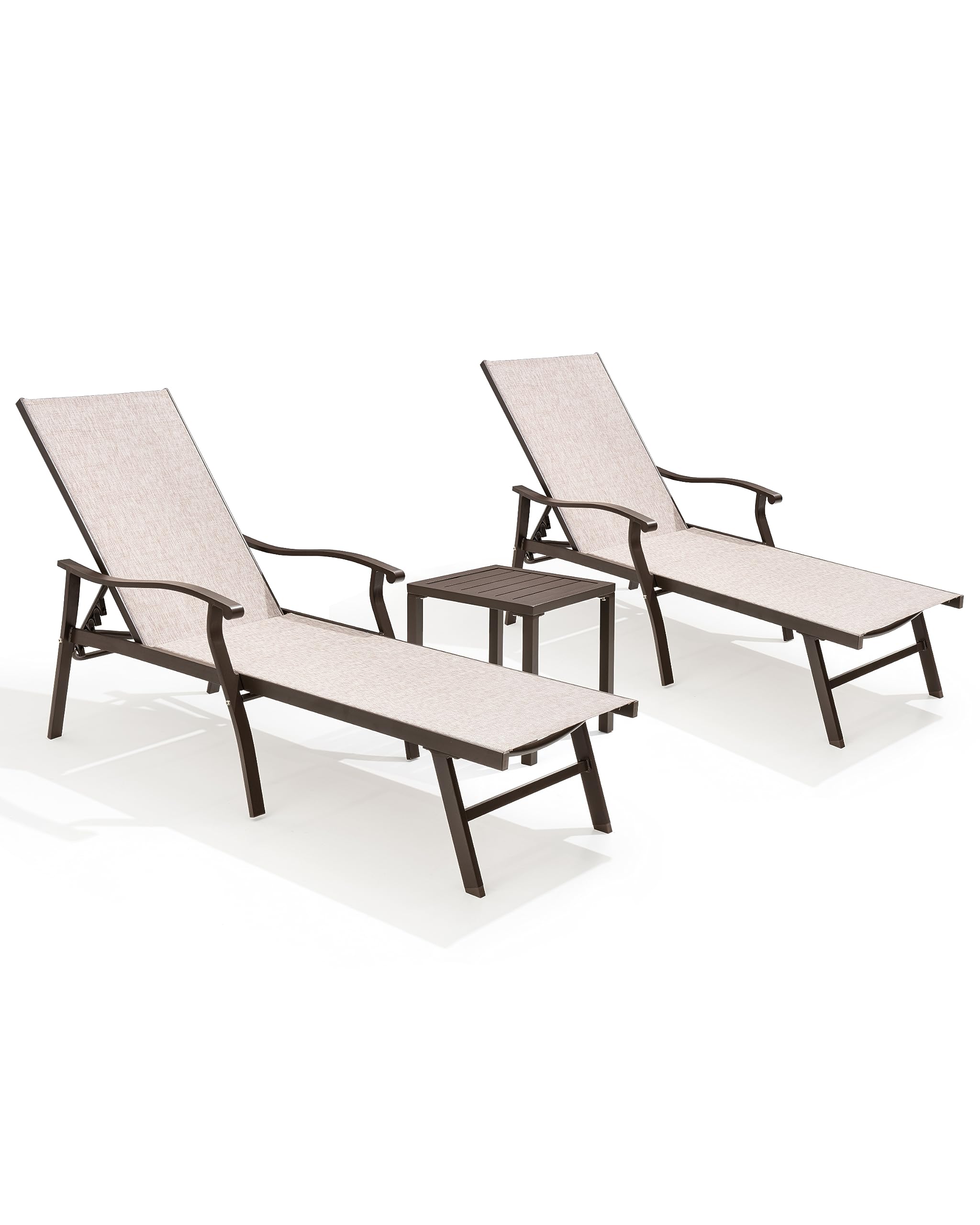 Crestlive Products Aluminum Chaise Lounge Set of 3,Patio Lounge Chairs Five-Position and Full Flat Outdoor Recliner All Weather for Patio, Beach, Yard, Pool (3PCS Beige)