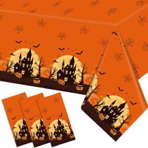 Kesfey 3 Packs Orange Halloween Tablecloth 54 x 108 Inches Scary Castle Ghost Pumpkin Table Cloth Disposable Waterproof Plastic Bat Spider Web Table Cover Trick or Treat for Halloween Party Dining