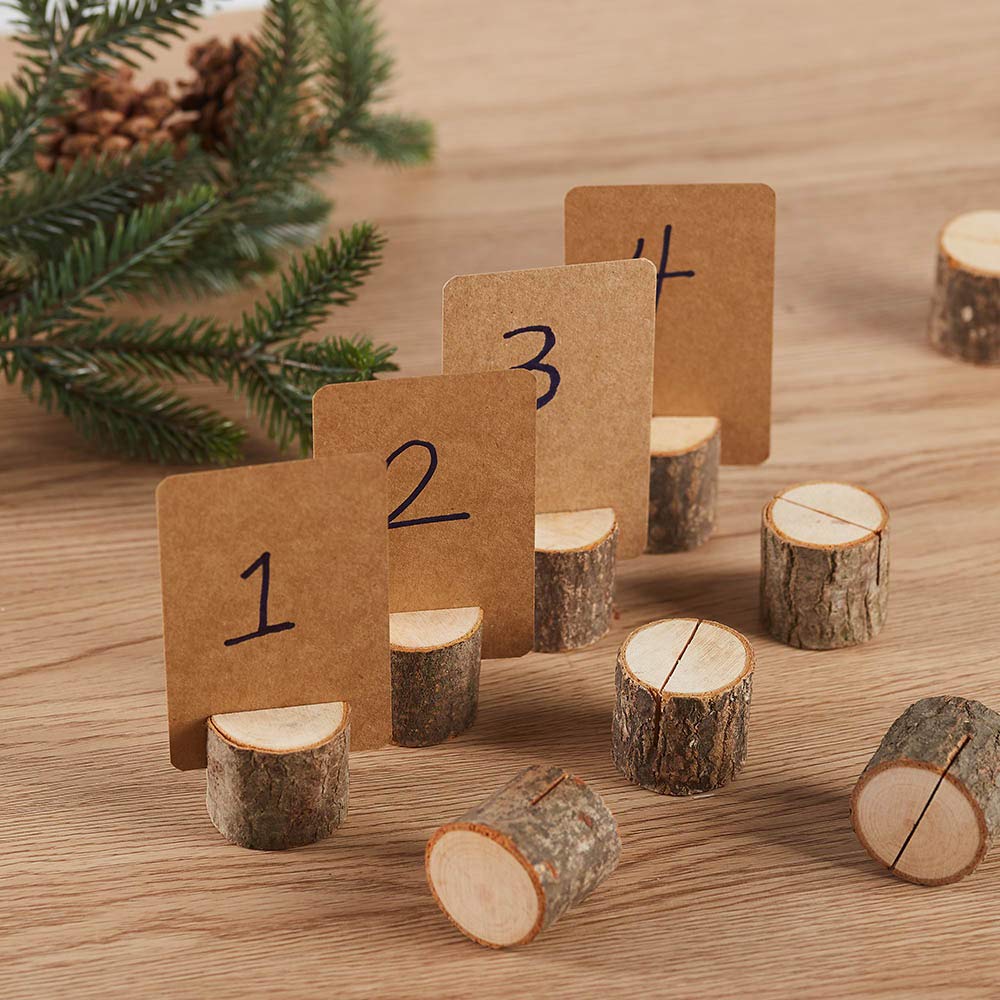 Toncoo 12Pcs Premium Mini Wood Place Card Holders and 30Pcs Kraft Table Place Cards, Rustic Table Number Holders, Table Sign Stand, Name Card Picture Photo Holders for Thanksgiving, Wedding, Birthday,