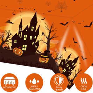 Kesfey 3 Packs Orange Halloween Tablecloth 54 x 108 Inches Scary Castle Ghost Pumpkin Table Cloth Disposable Waterproof Plastic Bat Spider Web Table Cover Trick or Treat for Halloween Party Dining