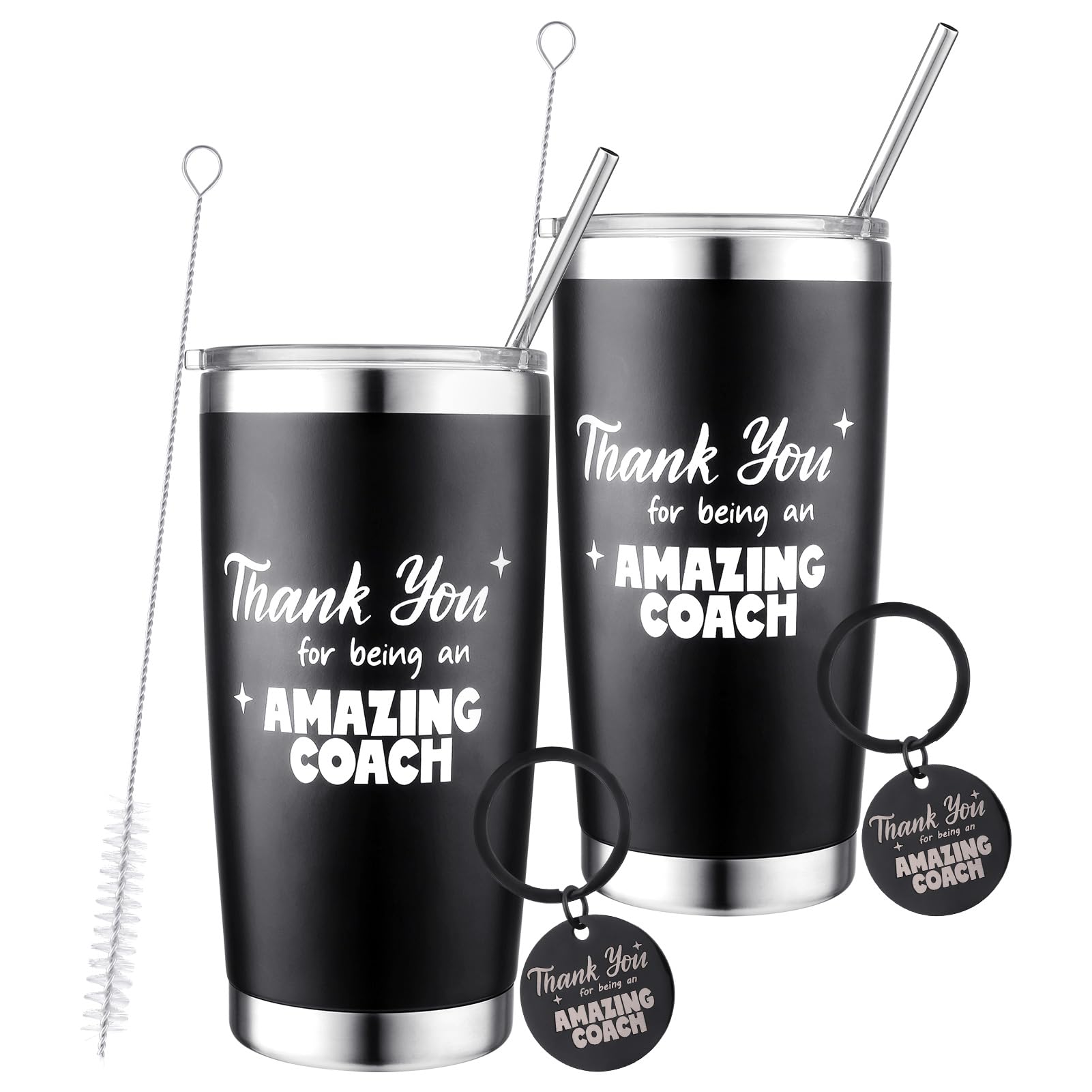 Hoemwarm 4 Pcs Coach Gifts Thank You Appreciation Tumbler Stainless Steel with Straws and Thank You Coach Gifts Keychain for Men Women Baseball Soccer Basketball Volleyball Appreciation Coach Gifts