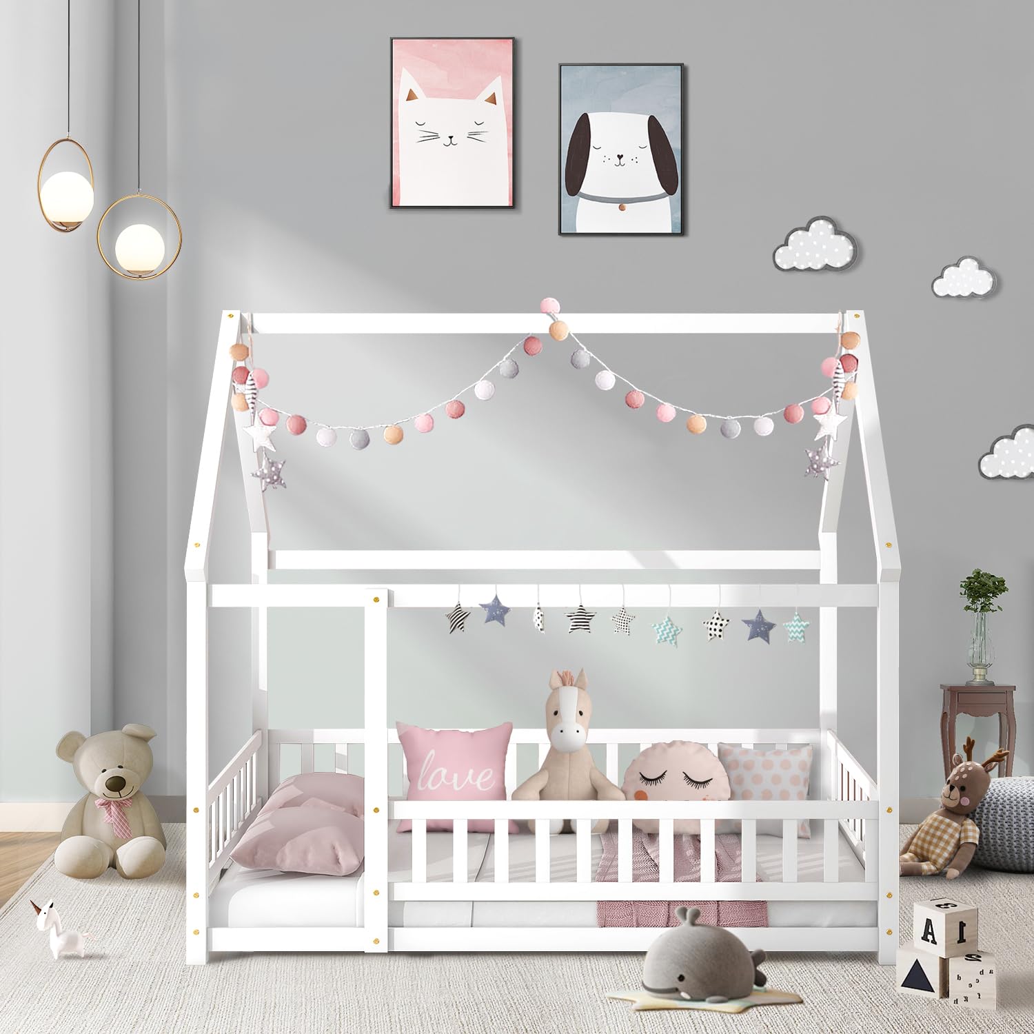 LLS Twin Floor Bed Frame with Fence, Wooden Montessori Bed, House Bed for Boys Girls Bedroom, White