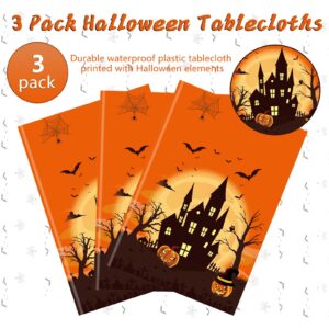 Kesfey 3 Packs Orange Halloween Tablecloth 54 x 108 Inches Scary Castle Ghost Pumpkin Table Cloth Disposable Waterproof Plastic Bat Spider Web Table Cover Trick or Treat for Halloween Party Dining