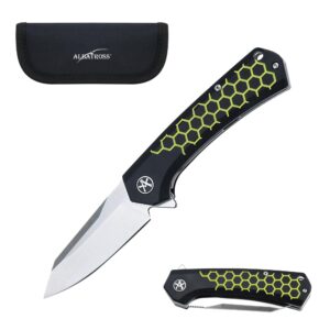 albatross pocket folding knife, 3" d2 steel satin blade, 4.5" black g10 handle with hexagonal pattern, liner lock, fk055 (yellow)