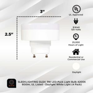 SLEEKLIGHTING | 11w, 60W Eq, GU24 Base LED 2 prong light bulbs, UL approved, 120v, Mini Twist Lock, 4200K–Daylight White, Dimmable - Replaces Spiral Self Ballasted CFL Two Pin Fluorescent Bulbs (4PK)