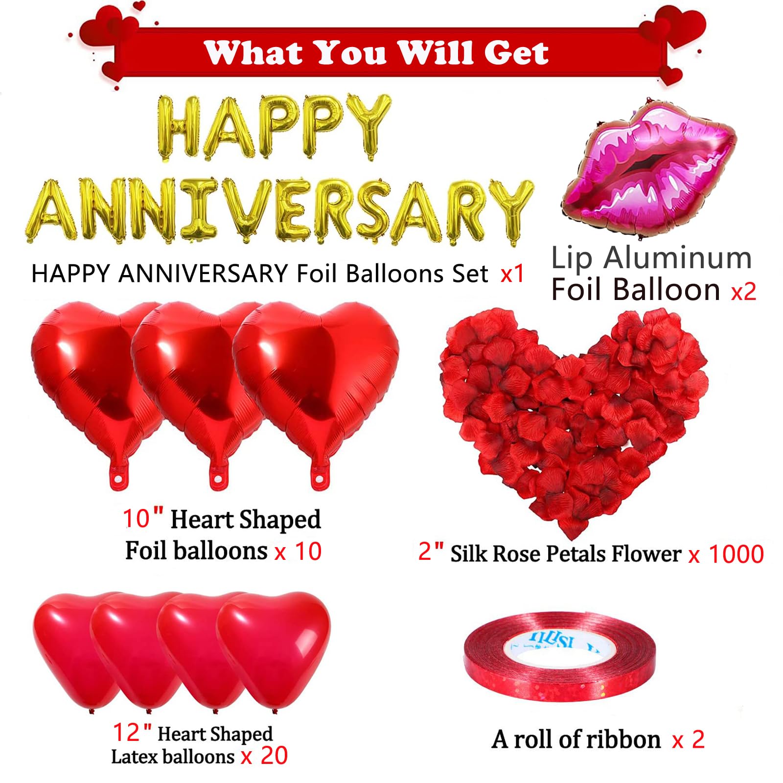 Anniversary Decorations, Happy Anniversary Banner, Latex Heart Balloons, Foil Heart Balloons, Red Silk Rose Petals for Romantic Night Weddings Bridal Showers Bachelorette Party Decorations