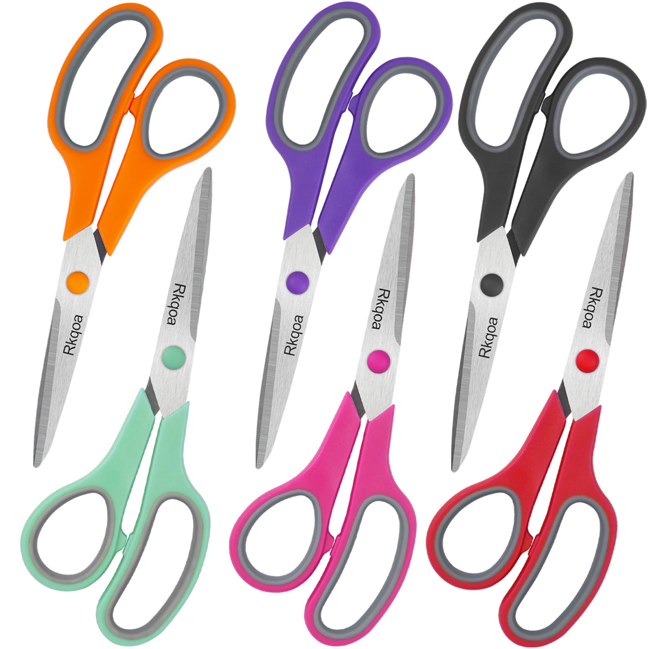 Scissors, Rkqoa 8" Scissors All Purpose 6 Pack - Comfort-Grip Sharp Scissors for Office School Sewing Fabric Craft Desk Supplies, Classroom Must have, Teacher/Class Scissors, Right/Left Handles