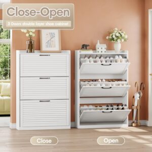 Maupvit Shoe Storage Cabinet with 3 Flip Louvered Doors, Freestanding Organizer with Metal Hinges, Shoe Cabinet for Entryway, Narrow Shoe Rack Cabinet, White