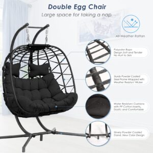 NICESOUL® 2 Seater Egg Swing Chair with Stand Double Person Outdoor Swing 510Lbs Capacity Large Black Hanging Chair Two Person Gray Rattan Black Olefin Cushions 510lbs Capacity