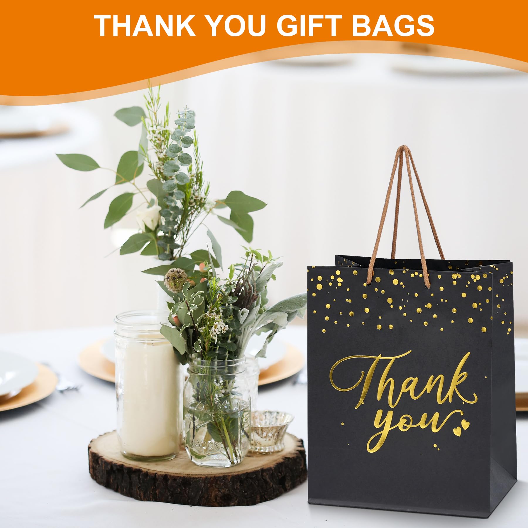 PAICUIKE 20 Pcs Black Paper Bags Thank You Gift Bags Black and Gold with Handles, Medium Sizes Gift Bags Bulk, Paper Bags for Small Business, Shopping Bags, Wedding Bags, Party Bags, Favor Bags