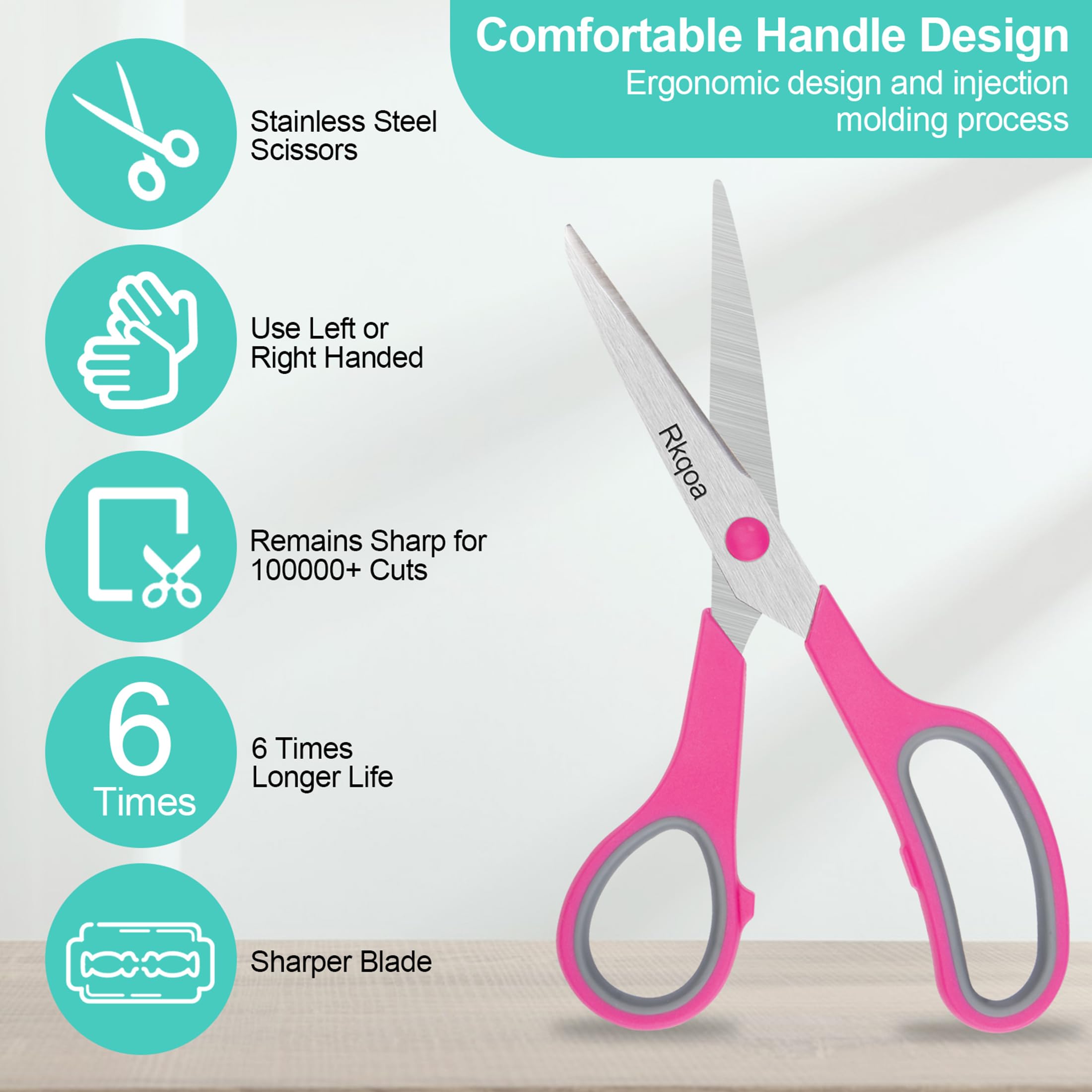 Scissors, Rkqoa 8" Scissors All Purpose 6 Pack - Comfort-Grip Sharp Scissors for Office School Sewing Fabric Craft Desk Supplies, Classroom Must have, Teacher/Class Scissors, Right/Left Handles