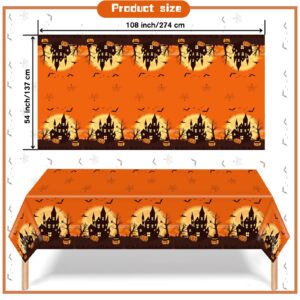 Kesfey 3 Packs Orange Halloween Tablecloth 54 x 108 Inches Scary Castle Ghost Pumpkin Table Cloth Disposable Waterproof Plastic Bat Spider Web Table Cover Trick or Treat for Halloween Party Dining