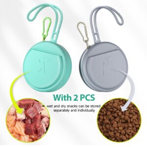 Small Silicone Dog Treat Pouch with Pet Training Clicker 2Pack, Durable Metal Zipper, Integrated Strap, Mini Portable Size, Easy to Clean, Odorless, Travel Walking Bag for Leash (Grey & Green)