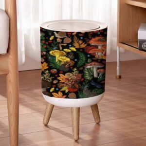 Small Trash Can with Lid for Bathroom Kitchen Office Diaper Seamless mushrooms plants insects berries Fly chanterelles white Bedroom Garbage Trash Bin Dog Proof Waste Basket Cute Decorative