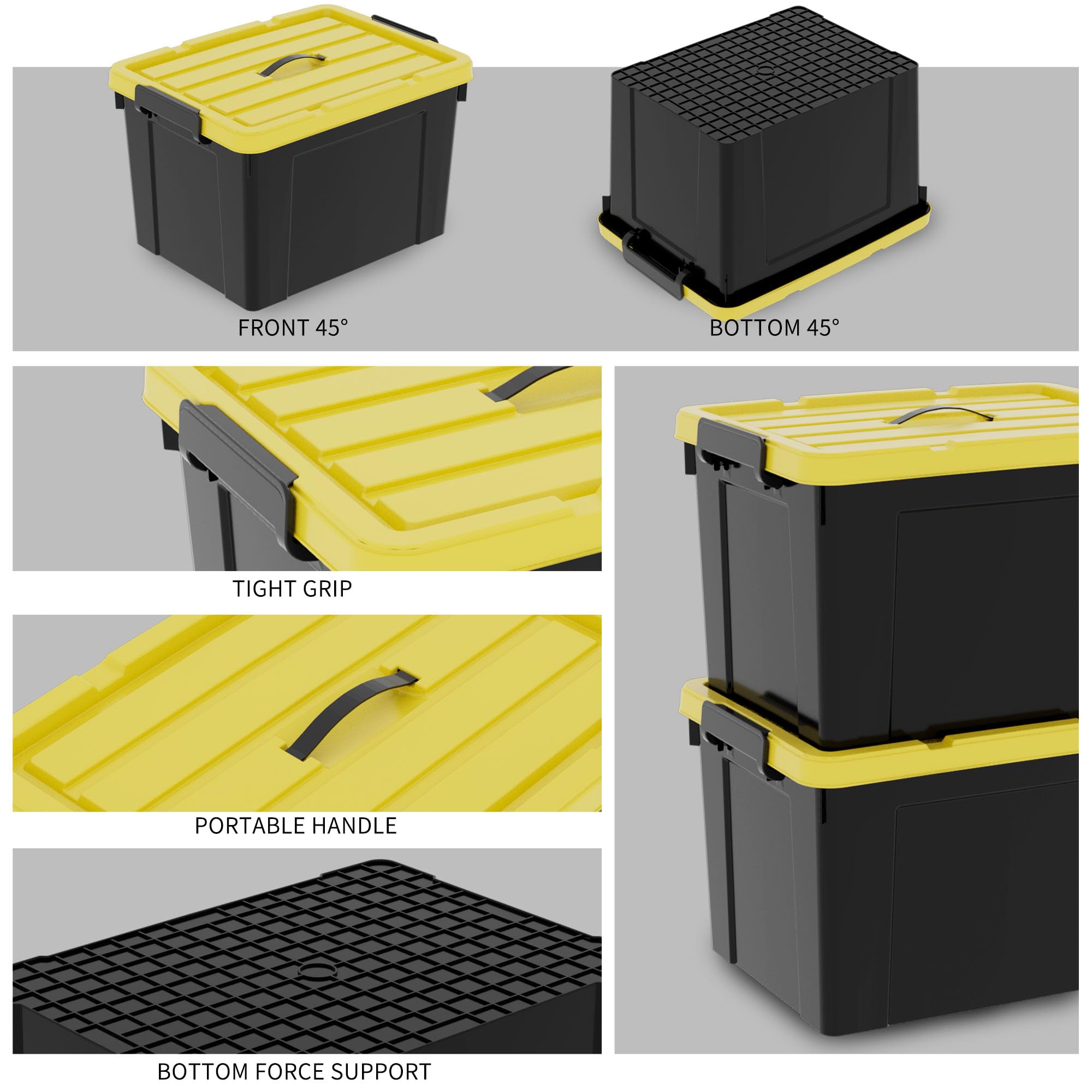 Cetomo 95Qt*4 Durabilt Flip Lid Stackable Heavy Duty Tough Storage Container Tote, Plastic Storage Bins, Storage Box, Black Base with Yellow Lid (4 Pack)