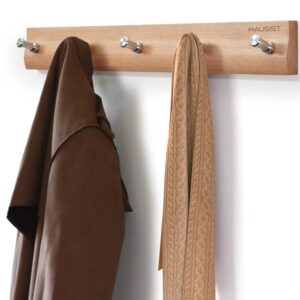 hausist 16.9inch wall coat rack with 5 cnc stainless hooks - solid beech wood hangers - farmhouse entryway organizer for hat, scarf, towel - space-saving decor for bathroom, bedroom, closet, kitchen