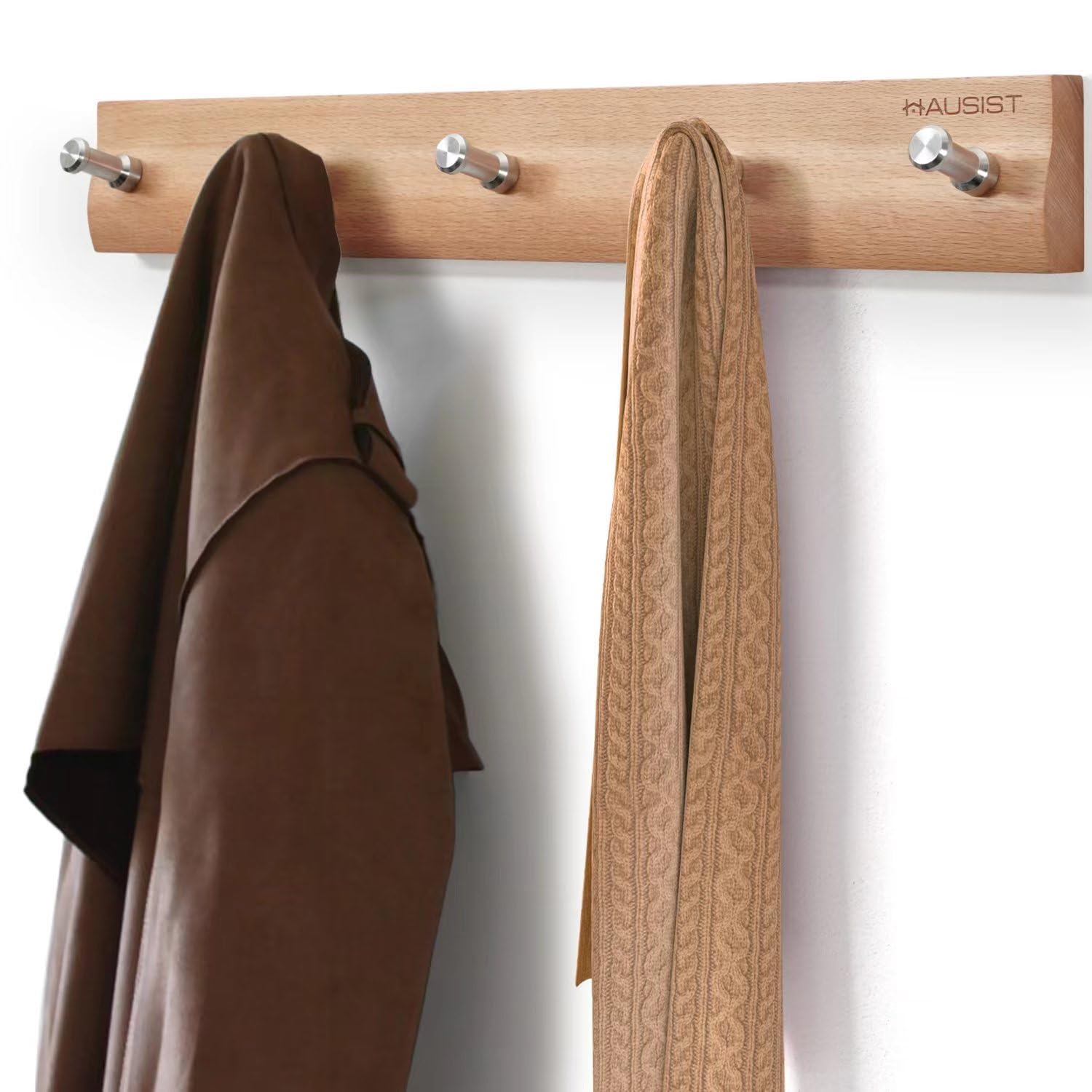 HAUSIST 16.9Inch Wall Coat Rack with 5 CNC Stainless Hooks - Solid Beech Wood Hangers - Farmhouse Entryway Organizer for Hat, Scarf, Towel - Space-Saving Decor for Bathroom, Bedroom, Closet, Kitchen