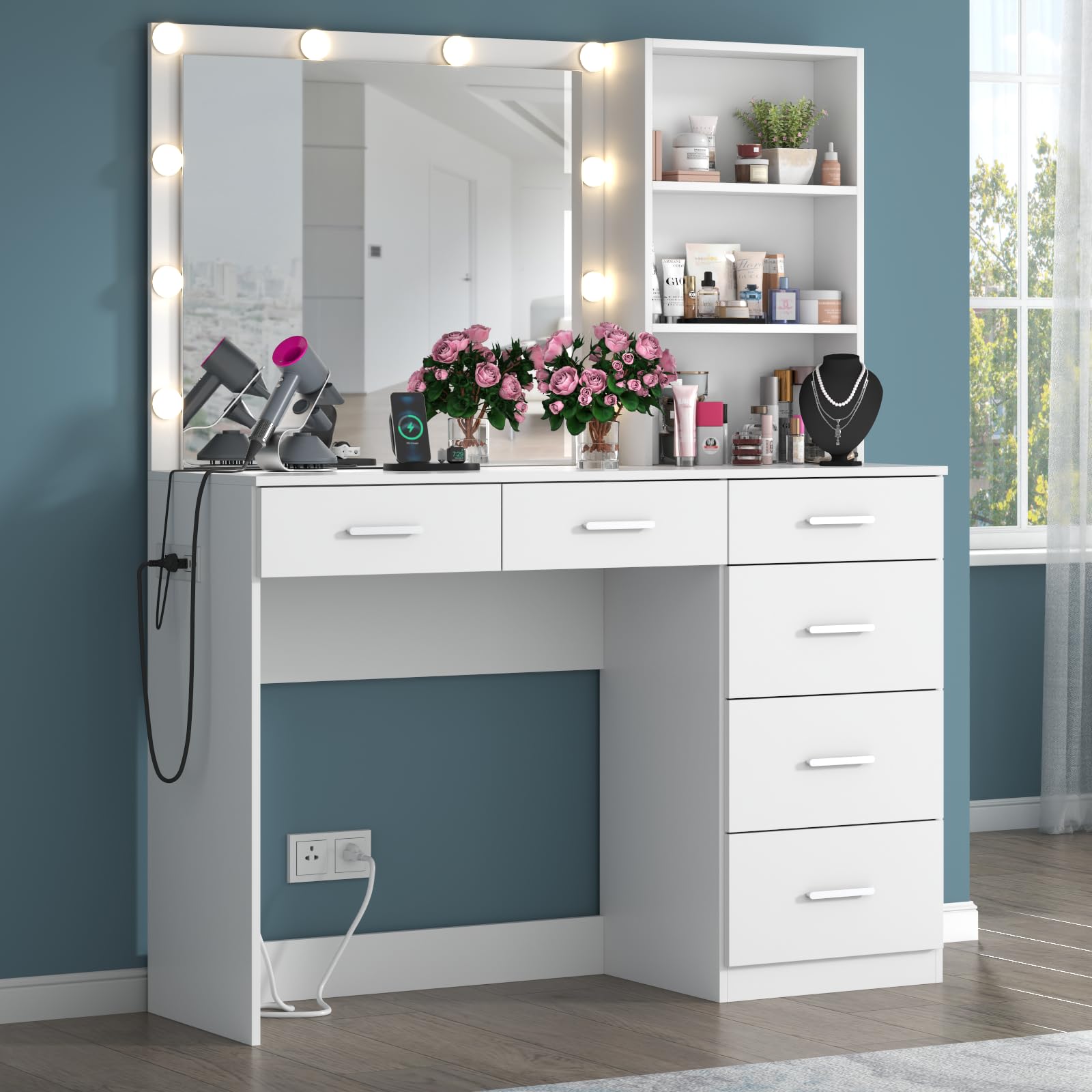 Gyfimoie 39 Inches White Vanity Desk with Lights, 6-Drawers Makeup Vanity Table with Power Strip and Storage Shelves, Dressing Table with Lighted Mirror for Women Girls