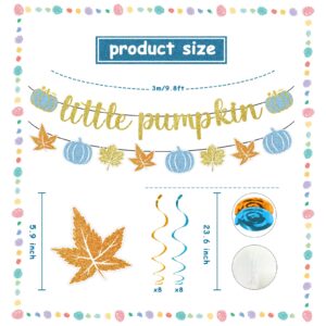 Little Pumpkin Baby Shower Deorations, Fall Leaves Blue Little Pumpkin Banner and Pumpkins Hanging Swirls, Fall Theme Boy Baby Shower Little Pumpkin Birthday Party Decorations