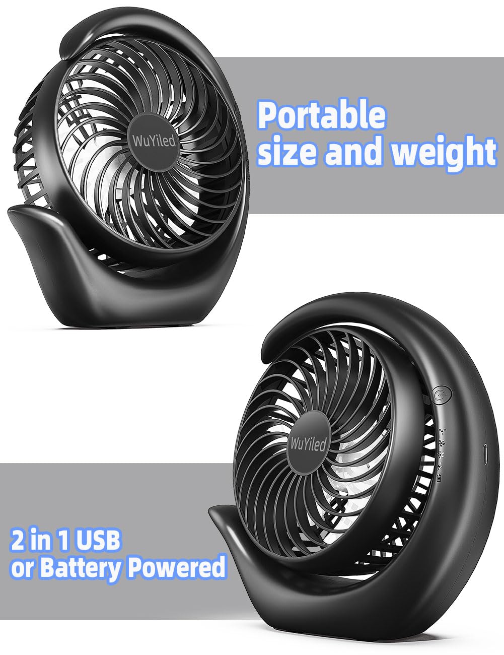 WUYILED Small Rechargeable Fan, Portable Usb or Battery Fan, 3600mah Small Desk Fan, 8-24Hours Working, 3 Speed & Keep Quiet, 3.28Ft Charging Cord(Black)