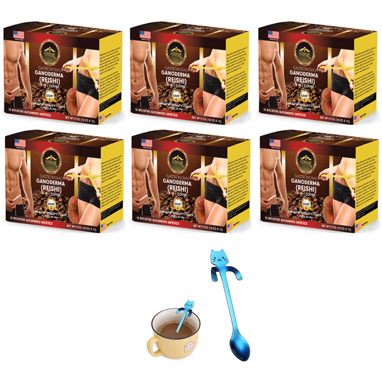 Eternal Spirit Beauty 4 in 1 Coffee, with GANODERMA (REISHI) – Pack of 6. Bonus 1 Stainless Steel Cute Mini Cat Spoon, Assorted Colors