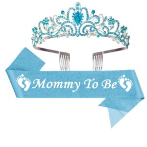 mom to be baby shower decorations, mommy to be crown and sash mother to be sash baby shower boy mommy to be sash and tiara set for boys (blue), glitter sash