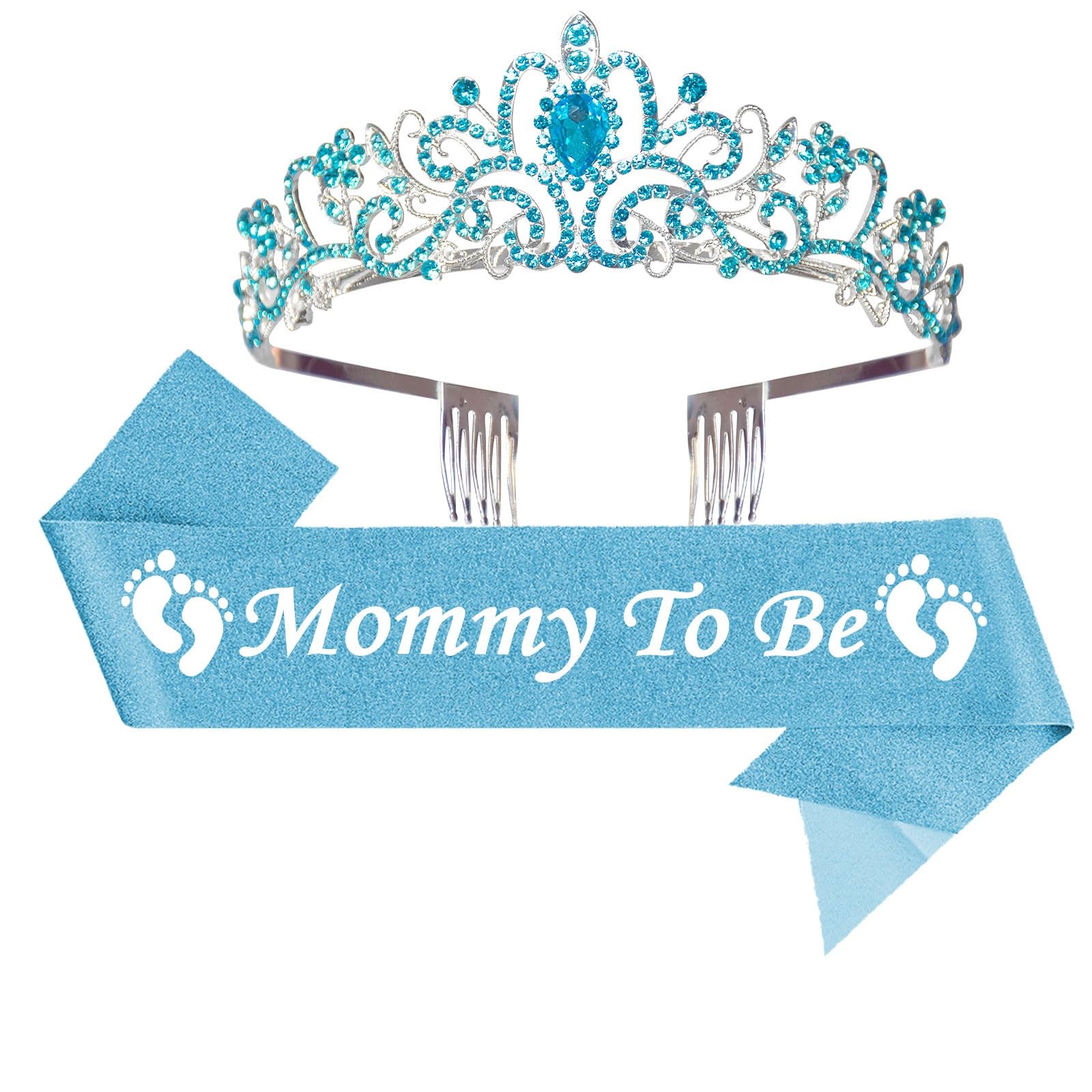 Mom to Be Baby Shower Decorations, Mommy to Be Crown and Sash Mother to Be Sash Baby Shower Boy Mommy to Be Sash and Tiara Set for Boys (Blue), Glitter sash