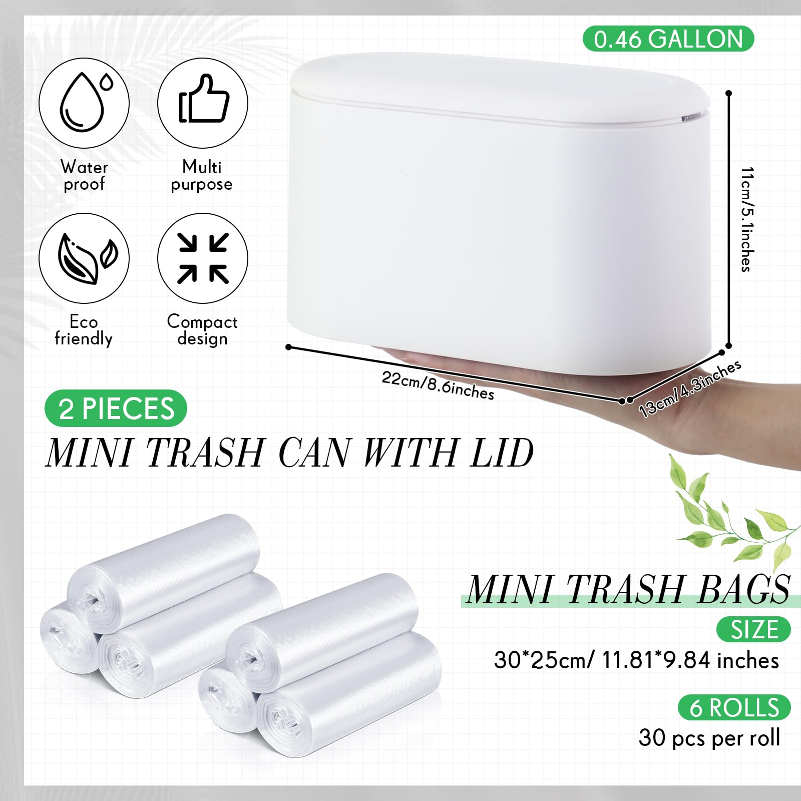 Layhit 2 Pack Mini Trash Can with Lid 0.5 Gallon Small Trash Can with 6 Rolls Plastic White Trash Bags Plastic Tiny Lint Bin Removable Desk Countertop Bin for Bathroom Office Kitchen Desk Coffee Table