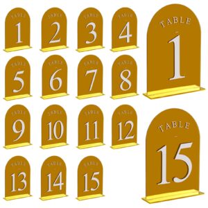 15pcs mirrored arch wedding table numbers, numbers 1-15, wedding reception table numbers acrylic table numbers with stands, for wedding reception party banquet (gold)