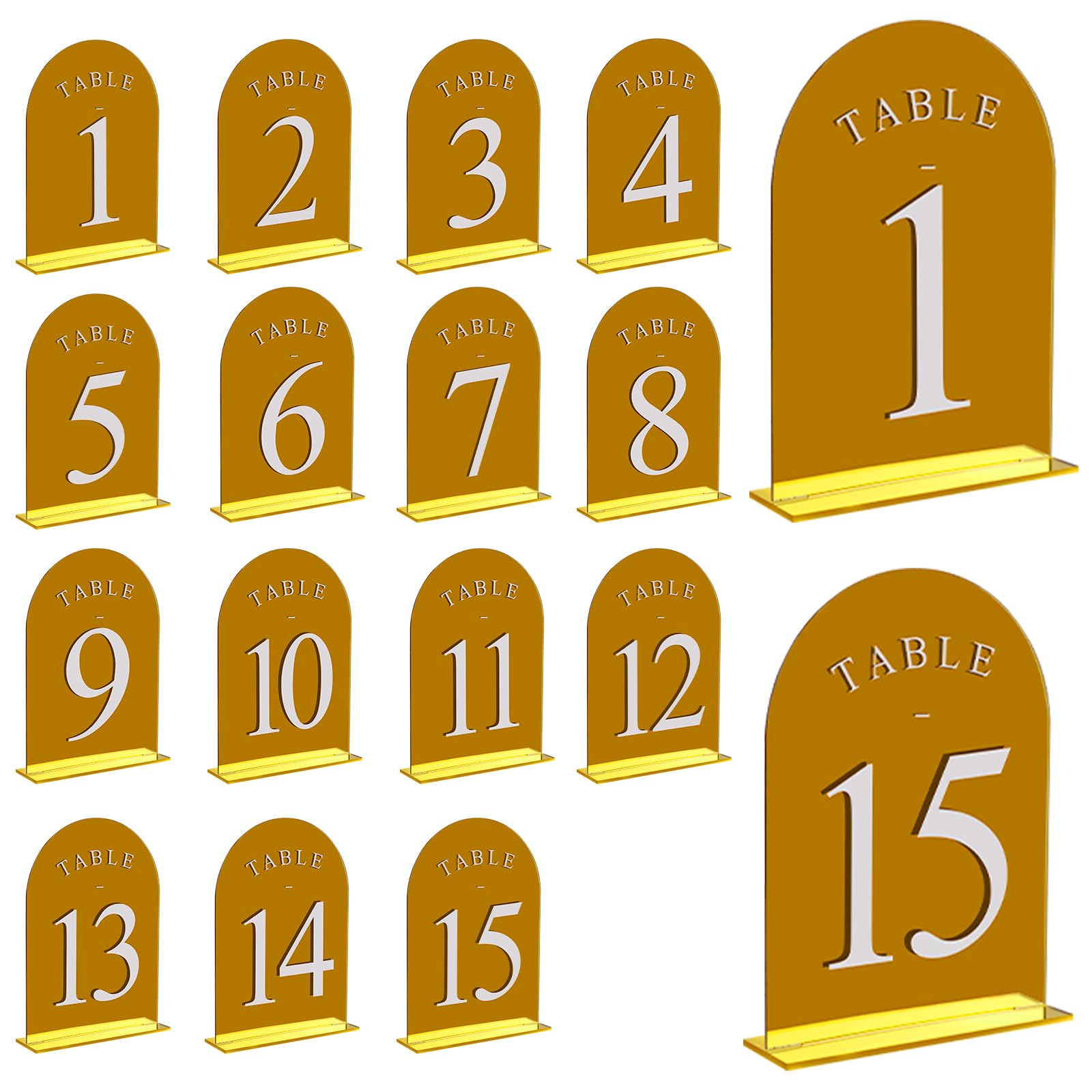 15pcs Mirrored Arch Wedding Table Numbers, Numbers 1-15, Wedding Reception Table Numbers Acrylic Table Numbers with Stands, for Wedding Reception Party Banquet (Gold)