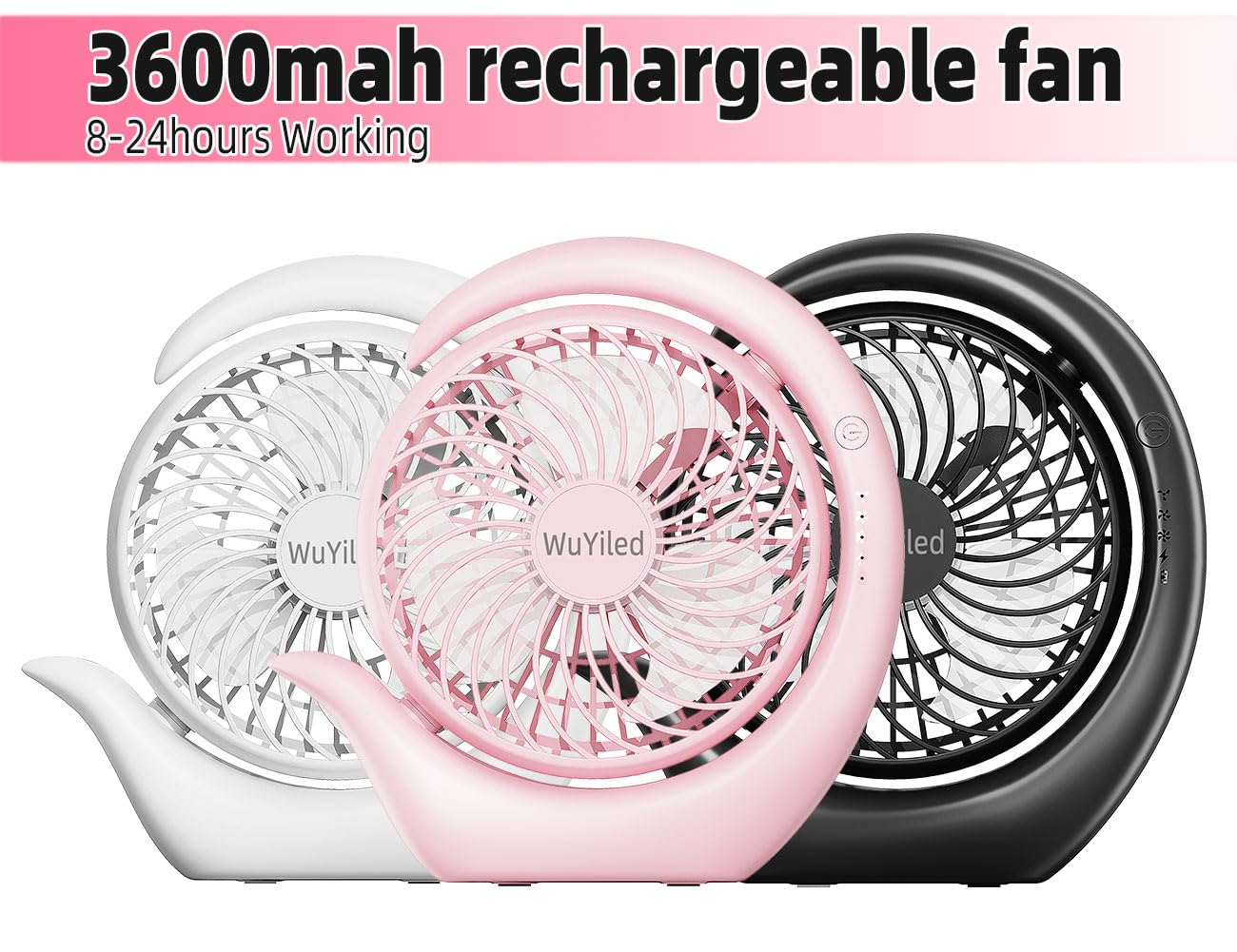 WUYILED Small Rechargeable Fan, Portable Usb or Battery Fan, 3600mah Small Desk Fan, 8-24Hours Working, 3 Speed & Keep Quiet, 3.28Ft Charging Cord(Black)