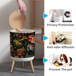 Small Trash Can with Lid for Bathroom Kitchen Office Diaper Seamless mushrooms plants insects berries Fly chanterelles white Bedroom Garbage Trash Bin Dog Proof Waste Basket Cute Decorative