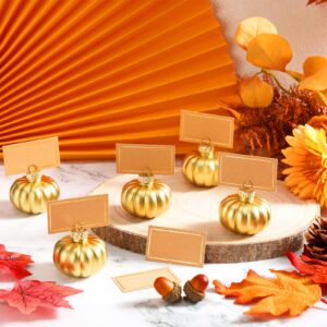 Soaoo 24 Set Thanksgiving Glass Harvest Pumpkin Place Card Holders with Thanksgiving Greeting Cards Fall Pumpkin Decor Table Name Holders Table Sign Card Holder for Thanksgiving Wedding Party (Gold)