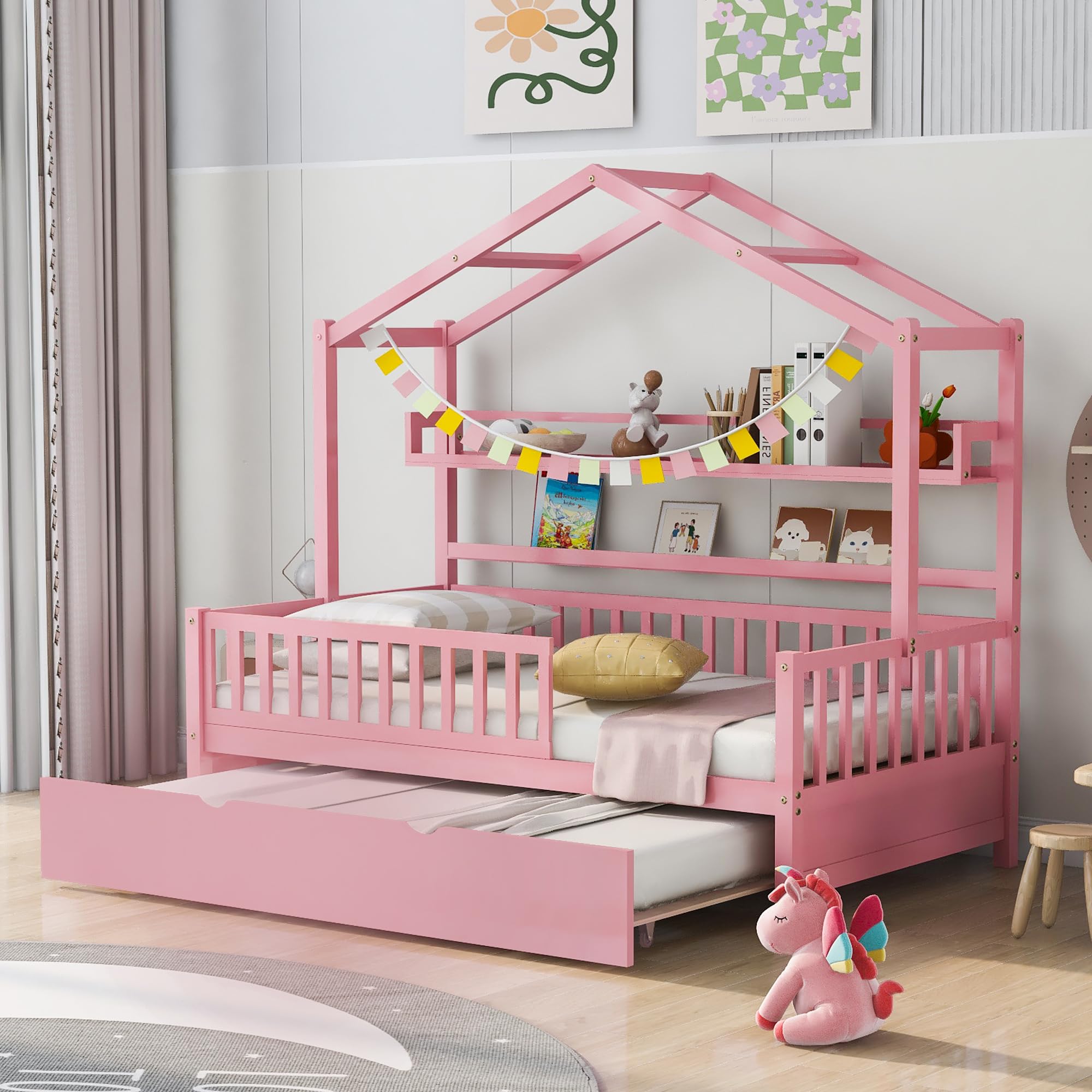 Harper & Bright Designs Wooden Twin Size House Bed with Trundle,Kids Bed with Shelf, White (Twin, Pink+Trundle1)