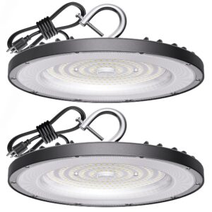 yihuven ufo led high bay light 150w, 21000lm (600w mh/hps equiv.), 5000k daylight, ip65 waterproof commercial led shop lights fixture with 5' cable us plug for warehouse workshop barn factory, 2 pack